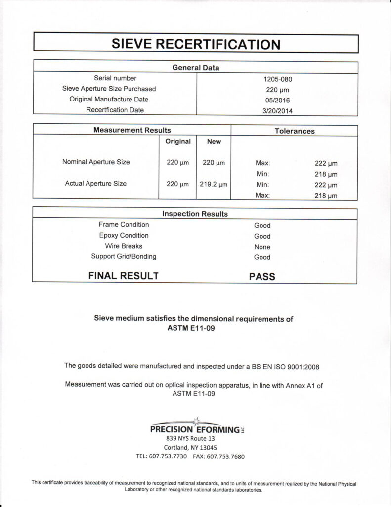 Recertification Services for Electroformed Test Sieves - Electroformed ...